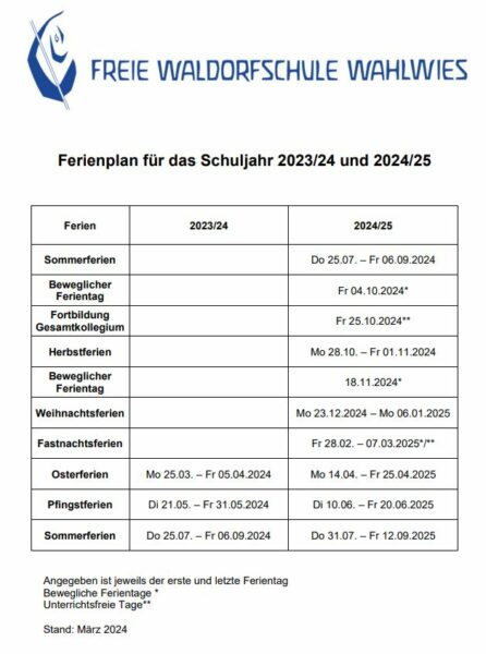 Ferienplan | Freie Waldorfschule Wahlwies